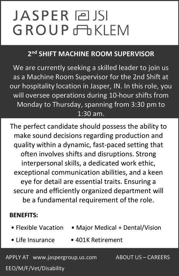 Jasper Group seeking 2nd Shift Machine Room Supervisor - Dubois County ...