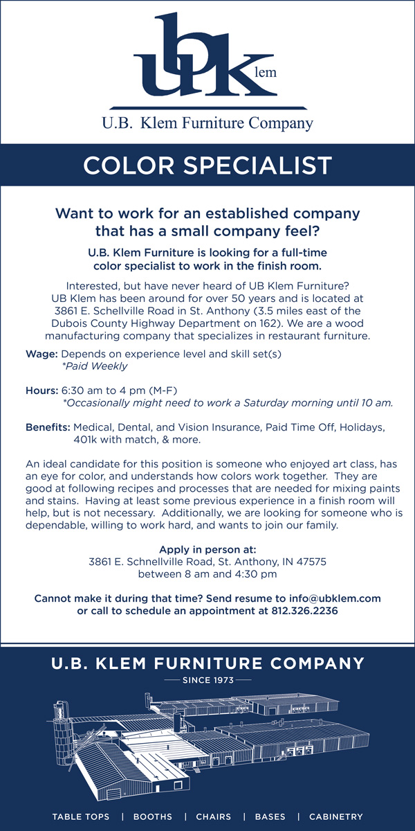 UB Klem seeking Color Specialist - Dubois County Free Press, Inc.